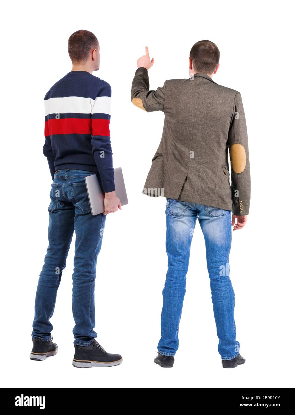 Back view two man in sweater with laptop. Rear view people collection ...