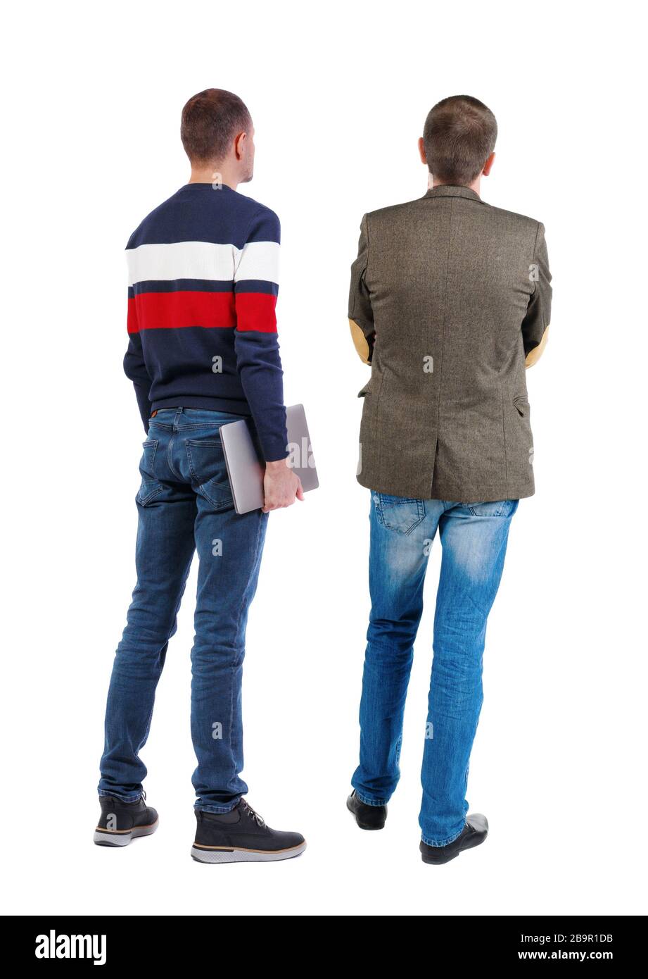 Back view two man in sweater with laptop. Rear view people collection ...