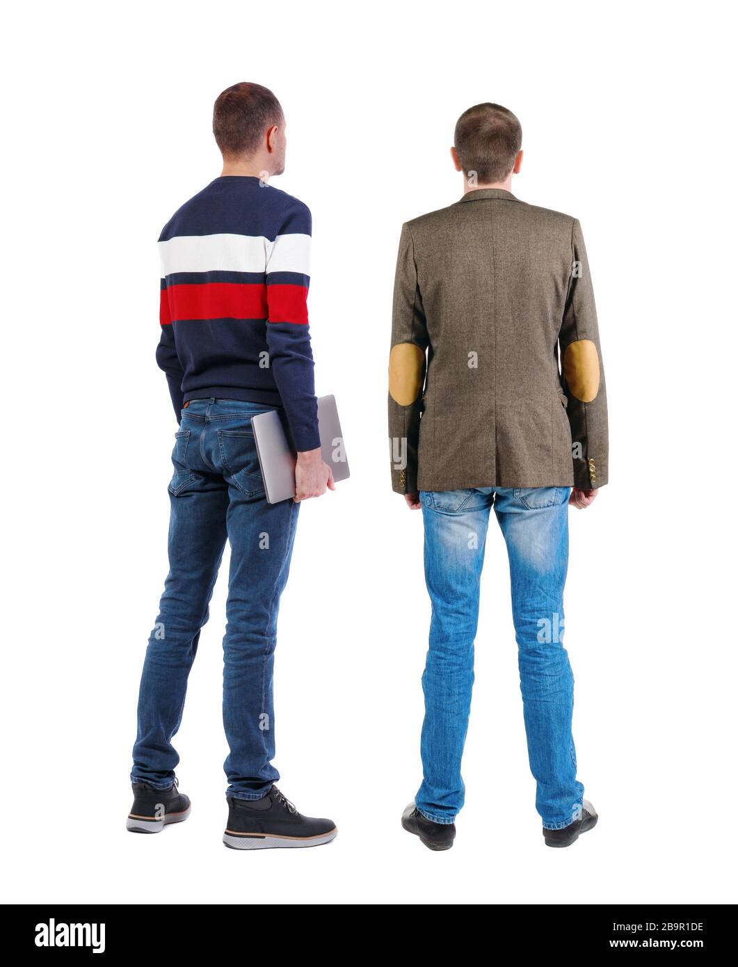 Back view two man in sweater with laptop. Rear view people collection ...