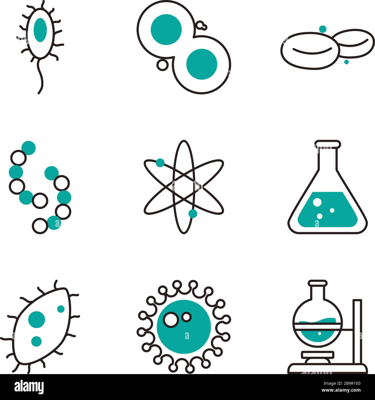 Virus half line half color style icon set design, Bacterium organism ...