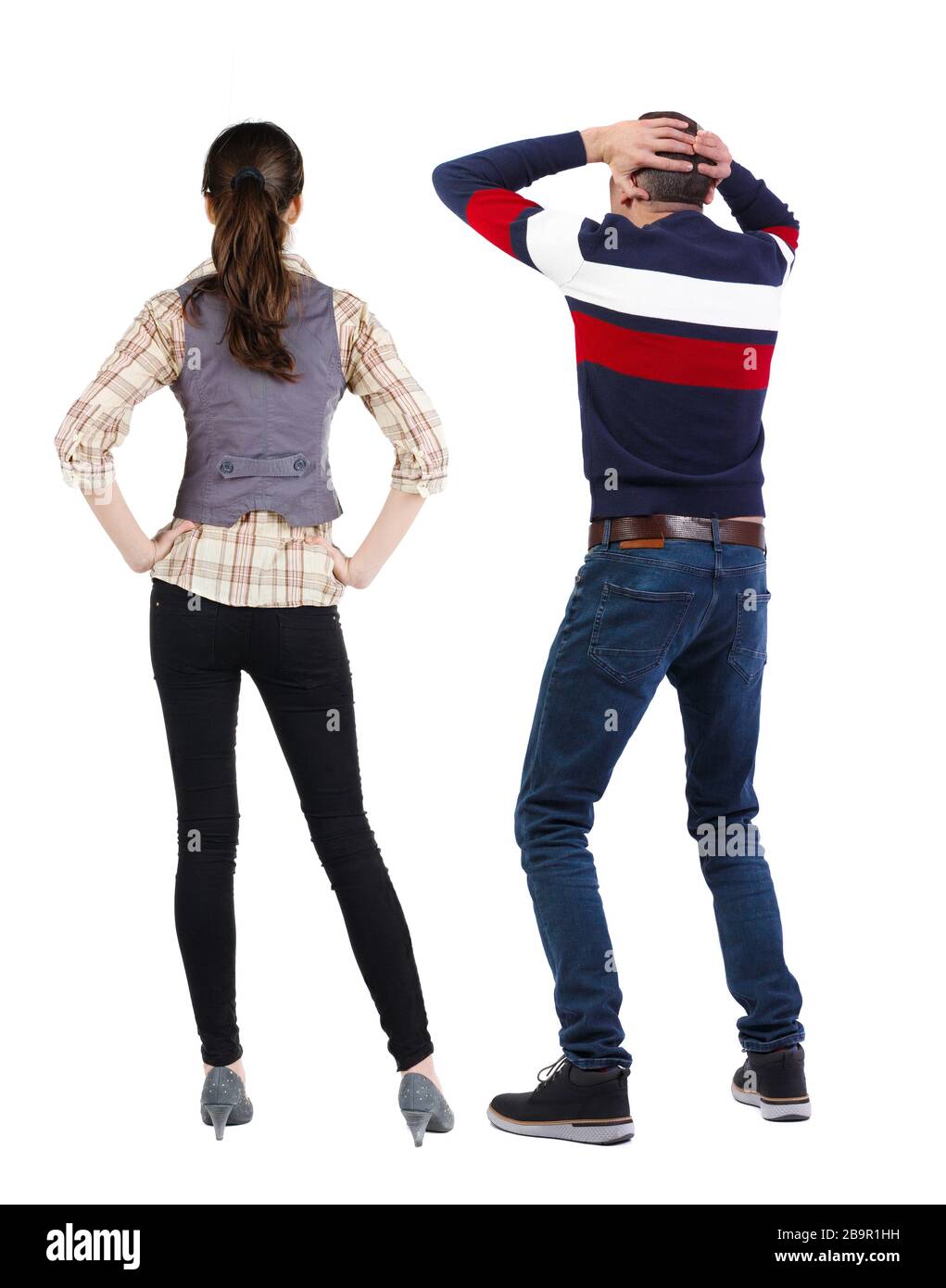 Back view couple in sweater. beautiful man and woman. Rear view people ...