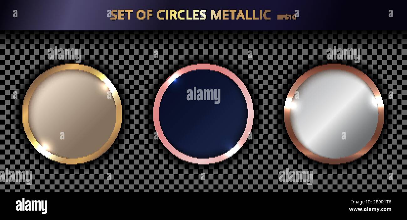 Set of metallic gold circles on transparent background. Label and tag ...
