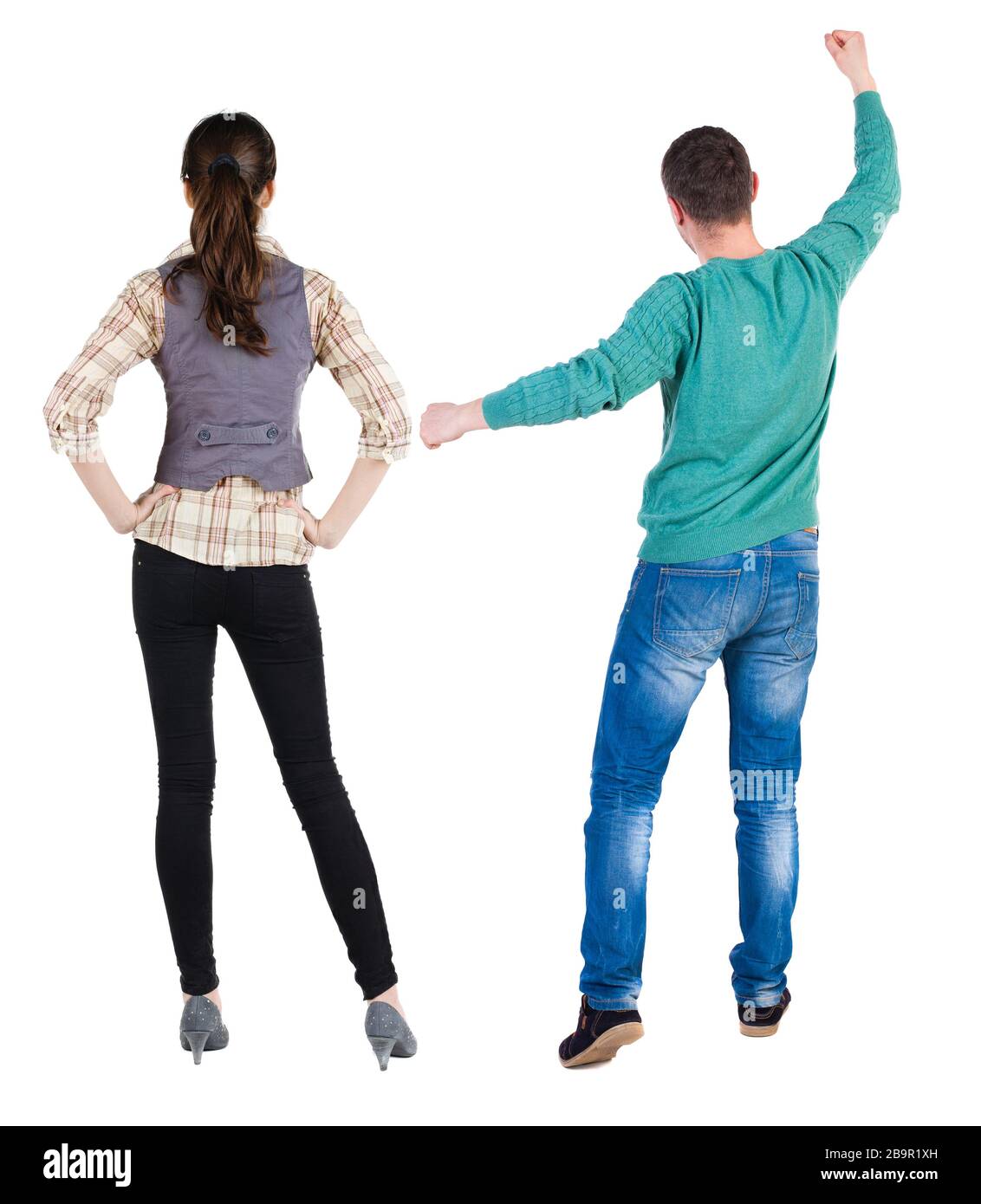 Back view couple in sweater. beautiful man and woman. Rear view people ...