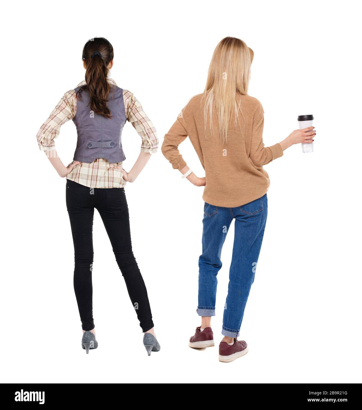 Back view of two woman in sweater. Rear view people collection ...