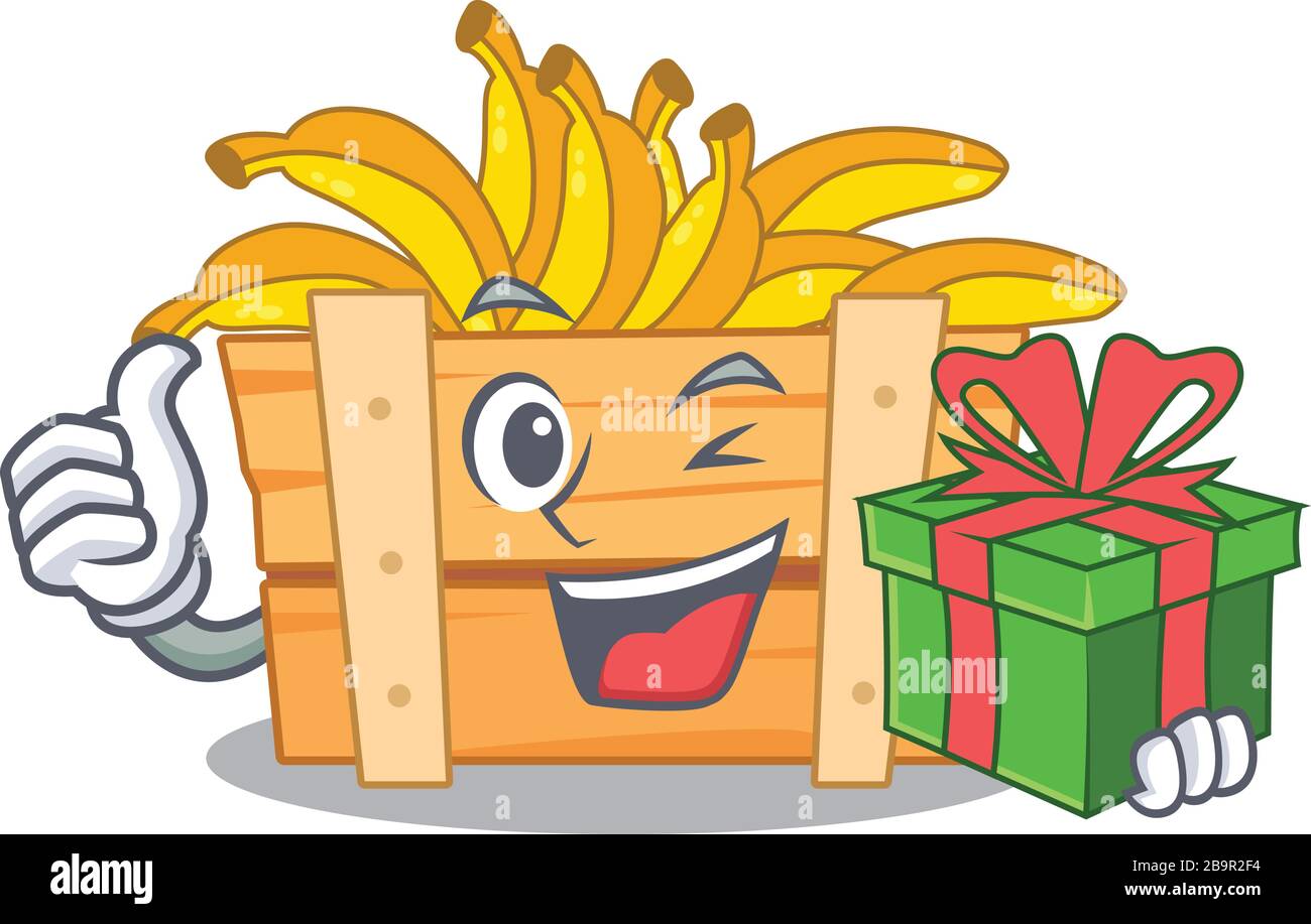 Smiley banana fruit box cartoon character having a gift box Stock ...