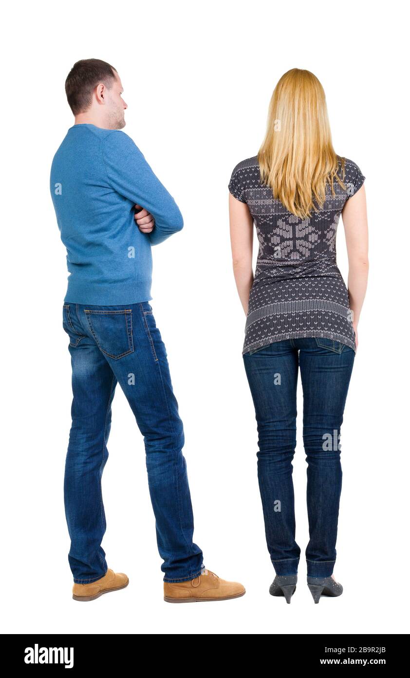 Back view couple in sweater. beautiful man and woman. Rear view people ...