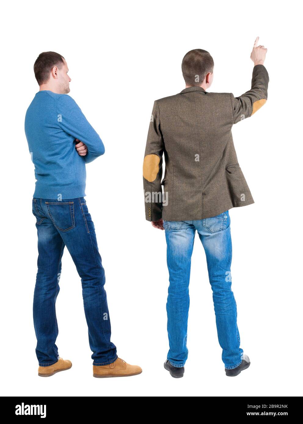 Back view of two man in sweater pointing. Rear view people collection ...