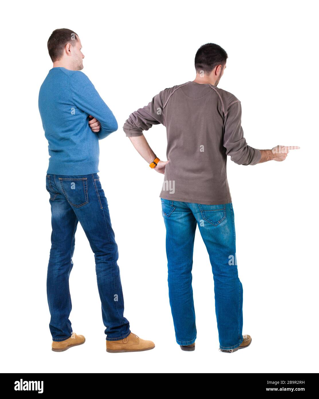 Back view of two man in sweater pointing. Rear view people collection ...