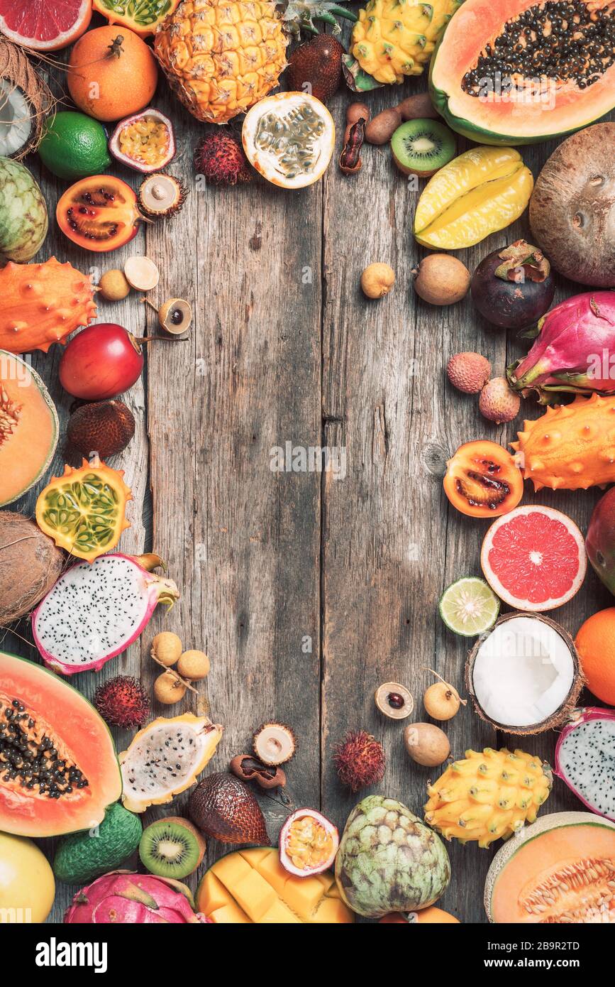 Assortment of tropical fruits concept. Exotic fruits - pineapple ...