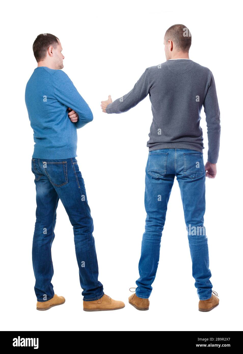 Back view two man in sweater. Rear view people collection. backside ...