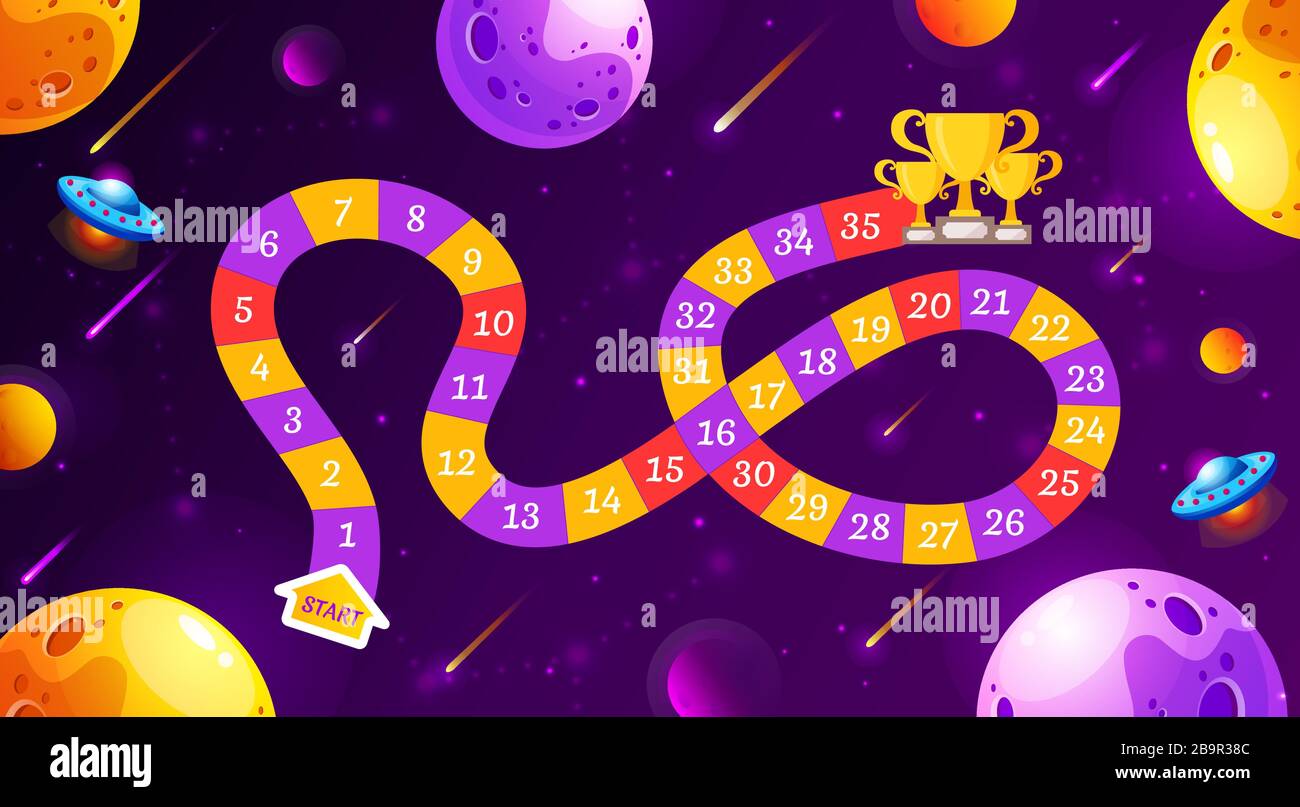 Graphic user interface for space adventure game. Template for children's board game. Vector ...