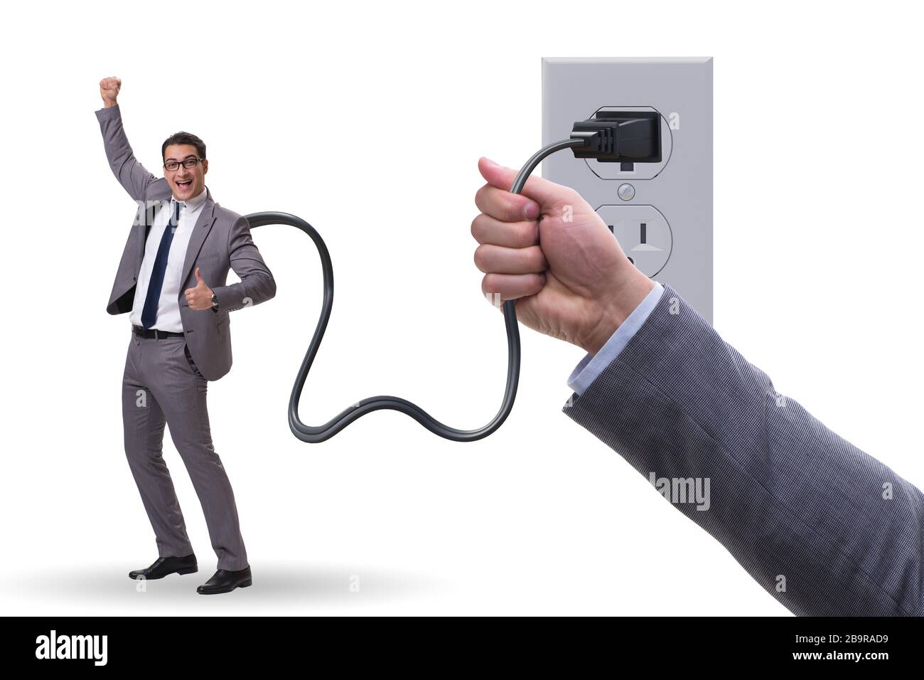 The businessman being powered by electricity and plug Stock Photo - Alamy