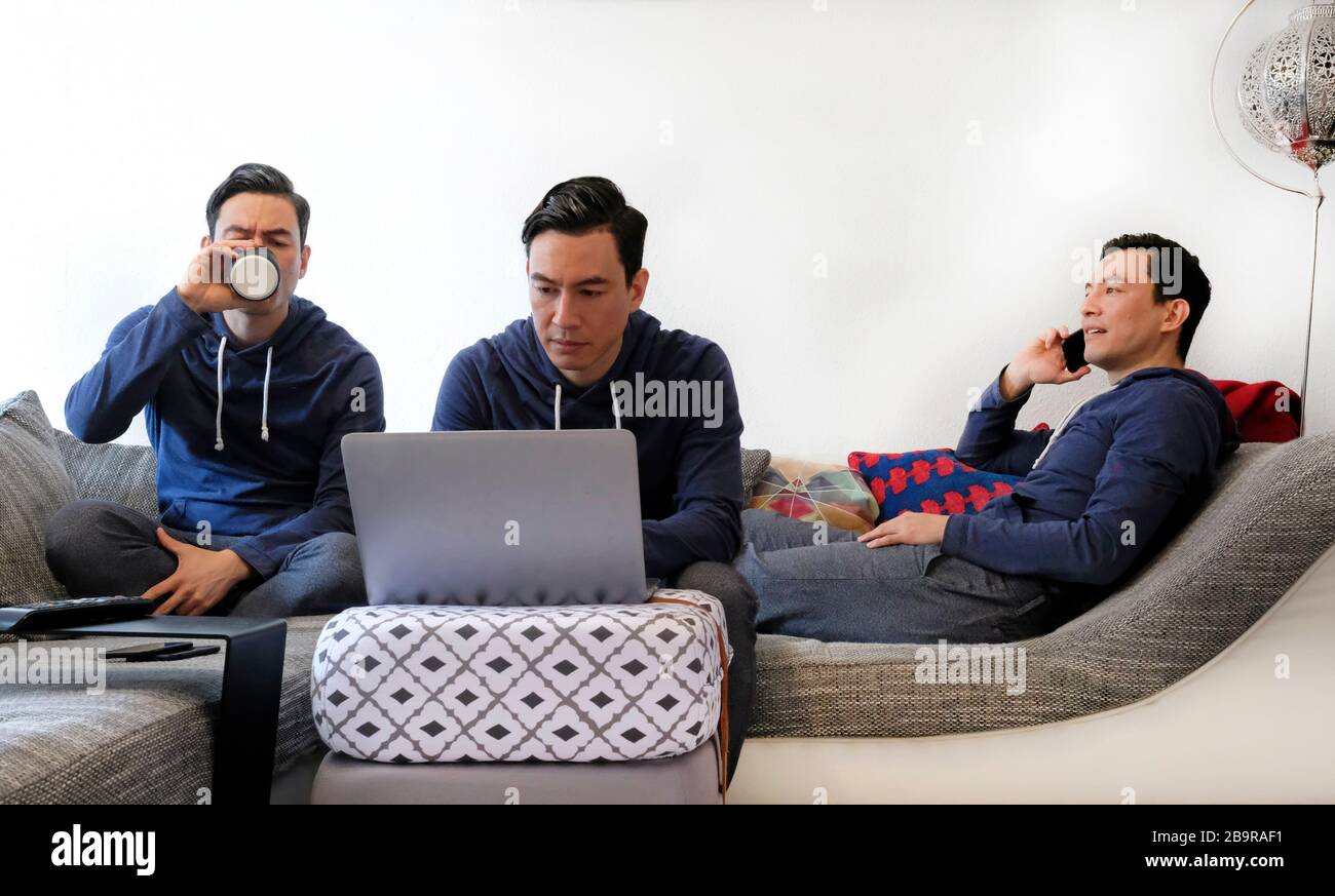 Montage with the same man working from home in multiple poses Stock ...