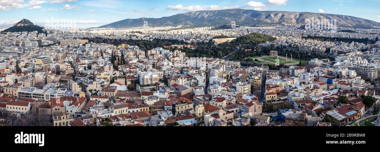 Panoramic view of the Athens city with Lykavittos hill, The Greek ...