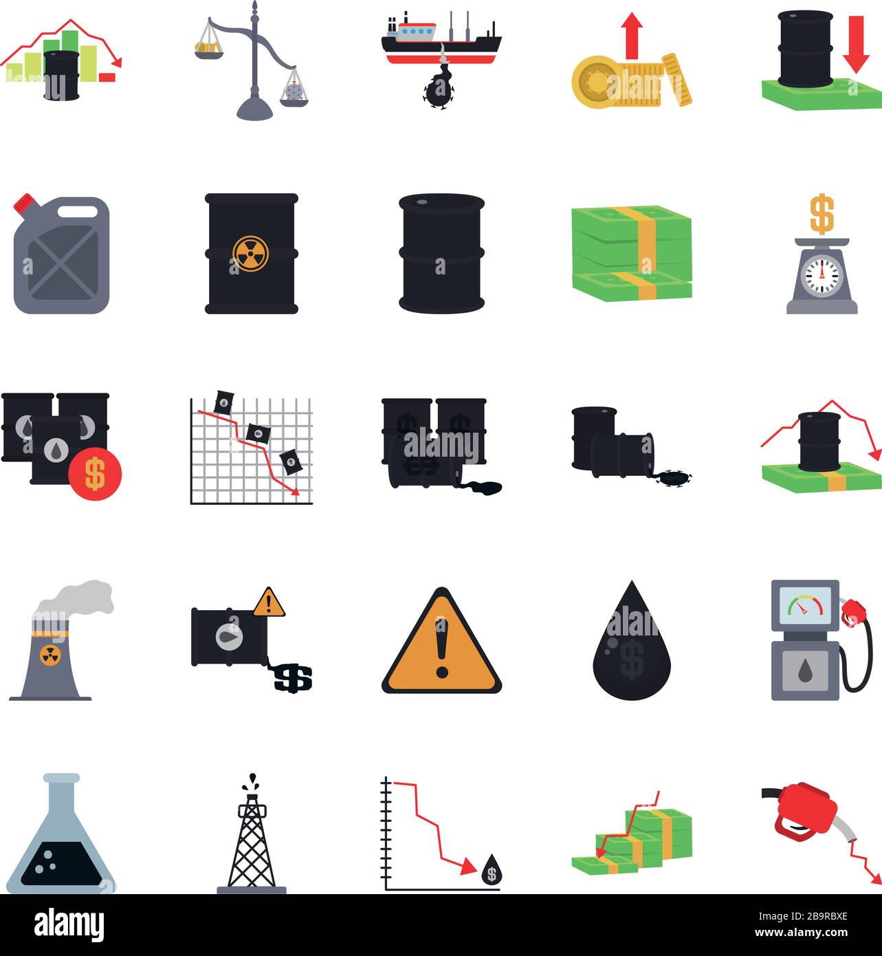 financial reports and oil crash concept icon set over white background ...