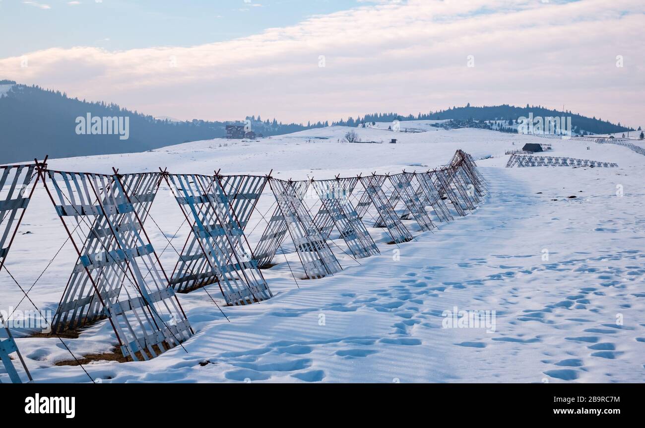 Safety fences against snow storm, Cindrel mountains, Paltinis, Romania ...