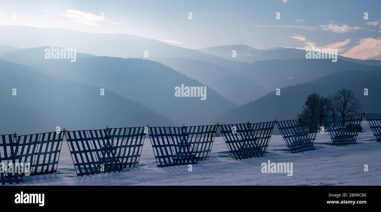 Safety fences against snow storm, Cindrel mountains, Paltinis, Romania ...