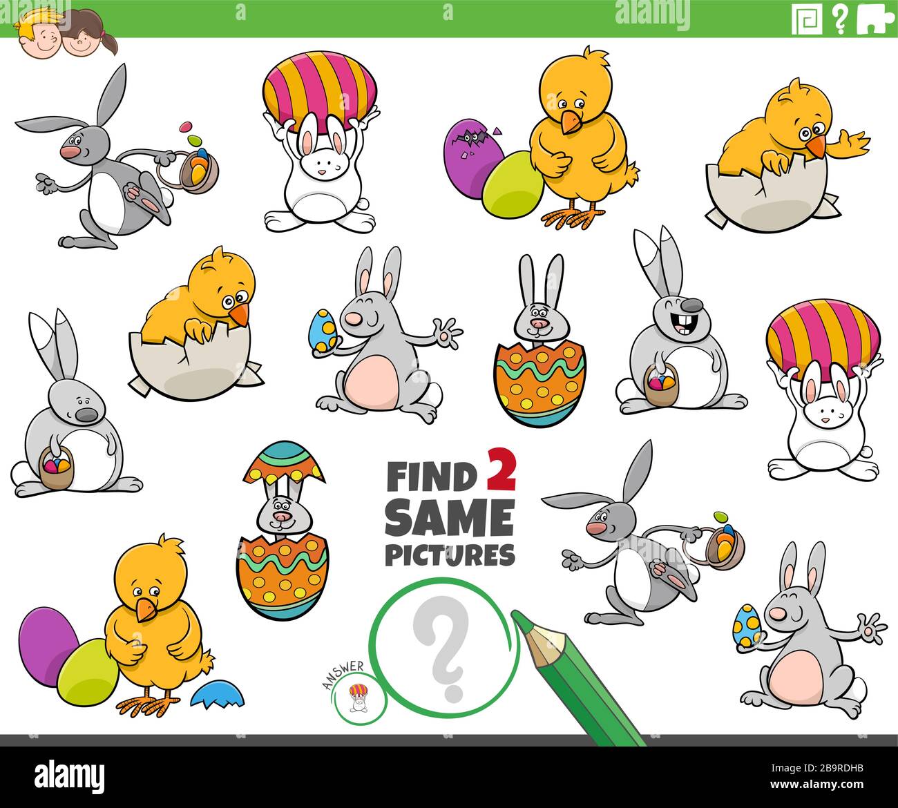 Cartoon Illustration of Finding Two Same Pictures Educational Task for ...