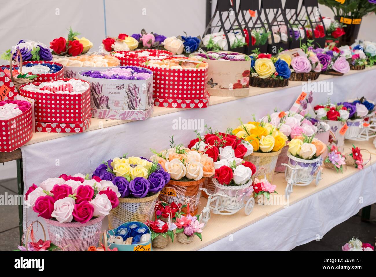 Sibiu city, Romania - February 29, 2020. People look at martisor at big ...