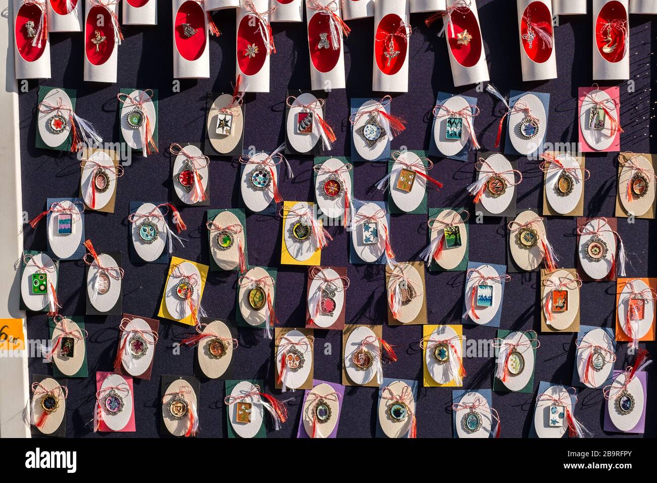 Sibiu city, Romania - February 29, 2020. People look at martisor at big ...