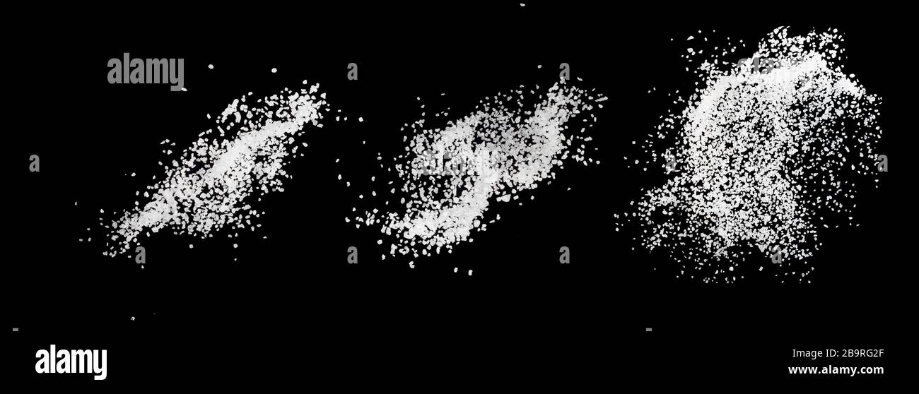 Set of sea salt splash explosion isolated on black background close up ...