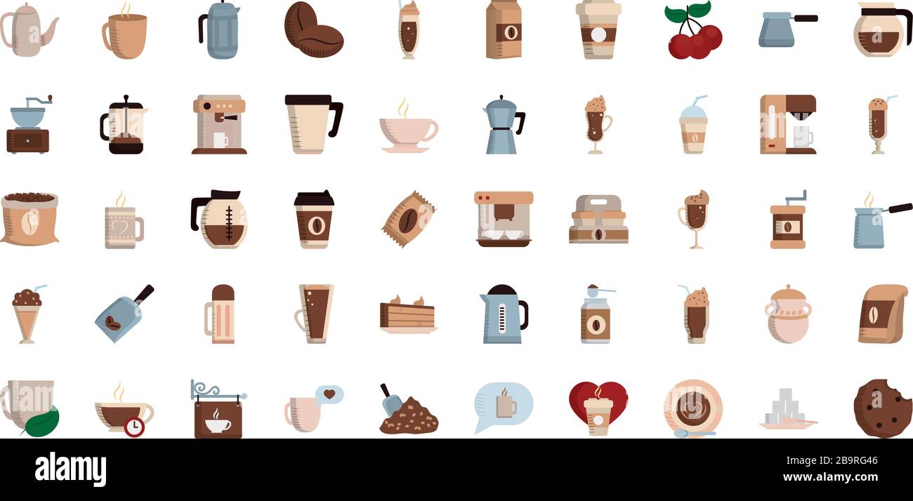 Coffee flat style icon set design of time drink breakfast beverage shop ...