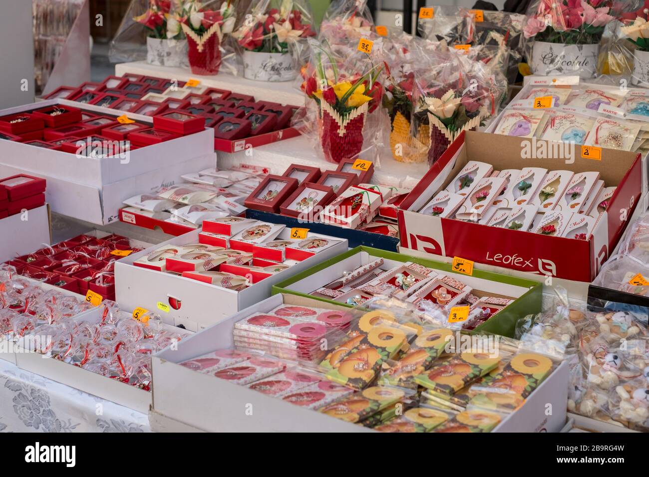 Sibiu city, Romania - February 29, 2020. People look at martisor at big ...