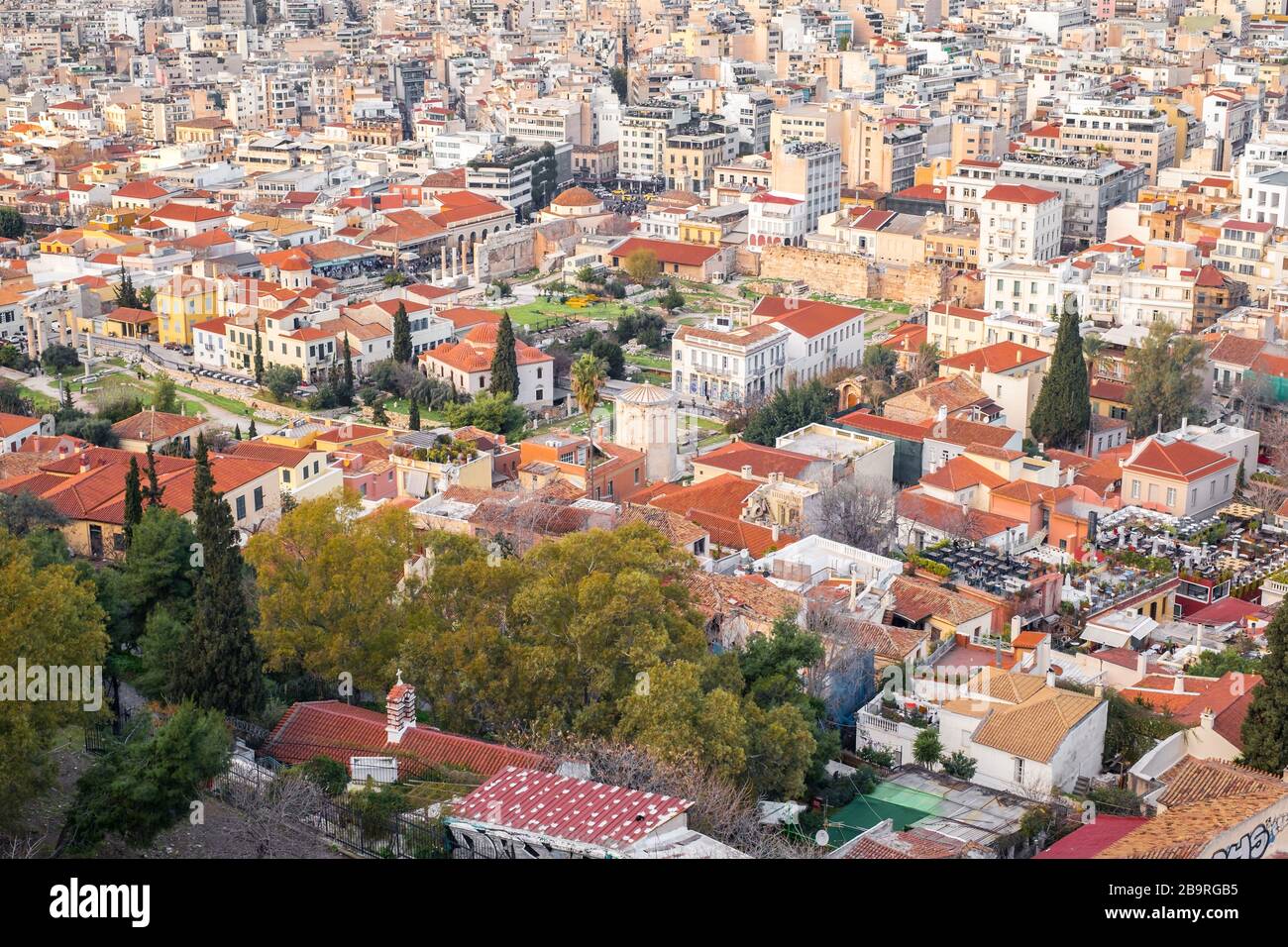 Athens, Greece - February 13, 2020. Aerial view of preserved historic buildings in the Plaka ...