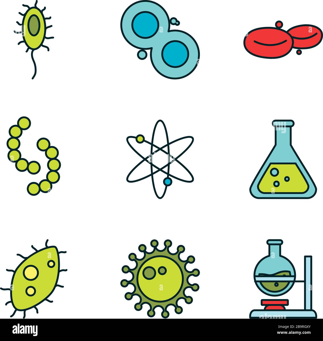 Virus line and fill style icon set design, Bacterium organism molecule ...