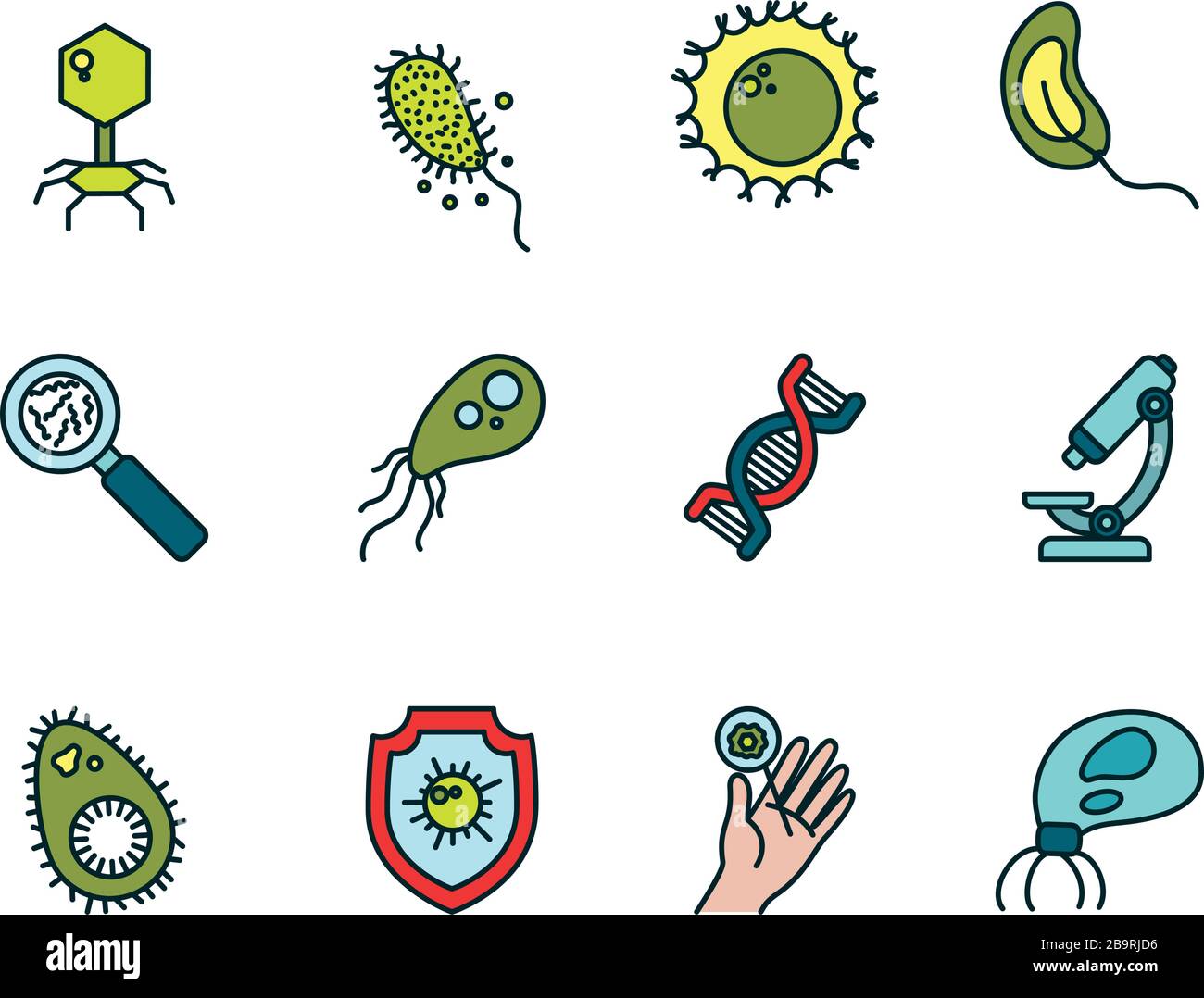 Virus line and fill style icon set design, Bacterium organism molecule ...