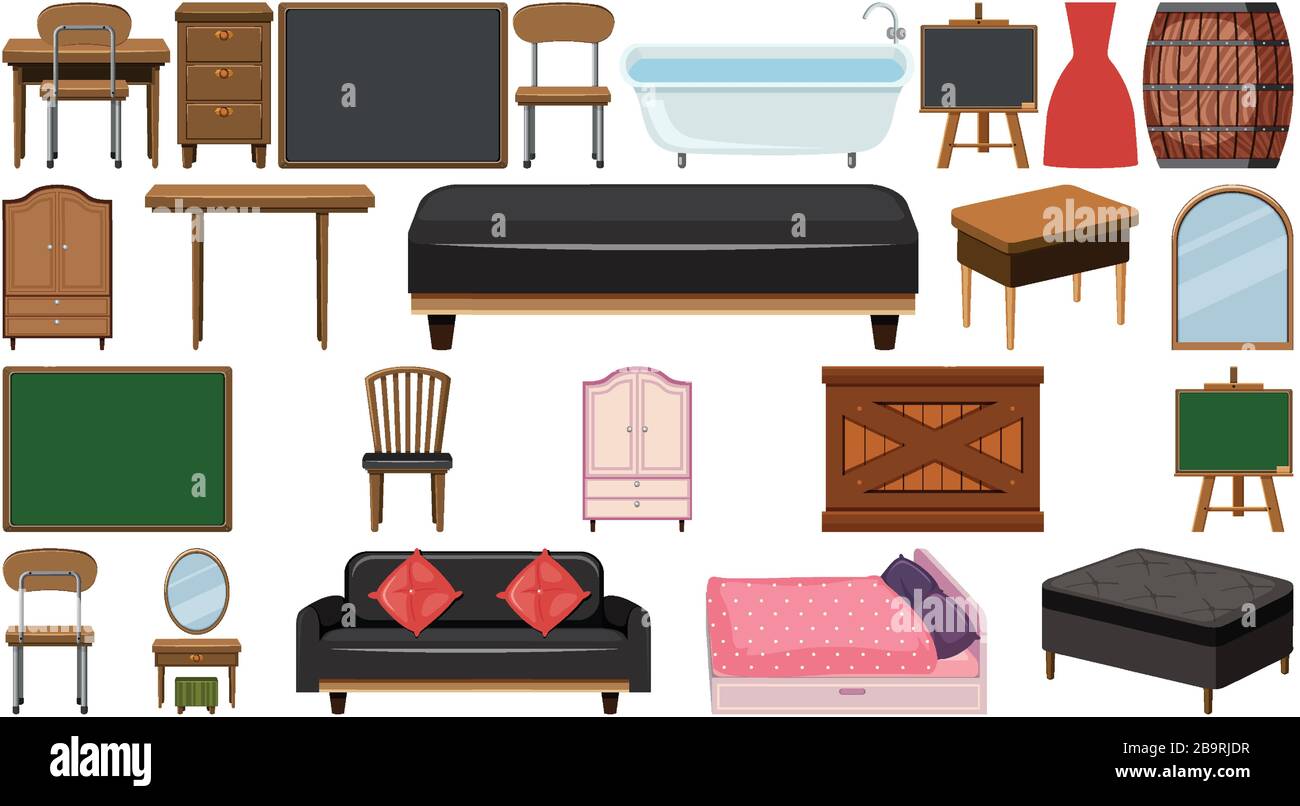 Set of different types of furnitures on white background illustration ...