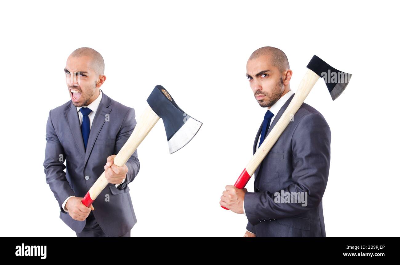 The funny businessman with axe on white Stock Photo - Alamy