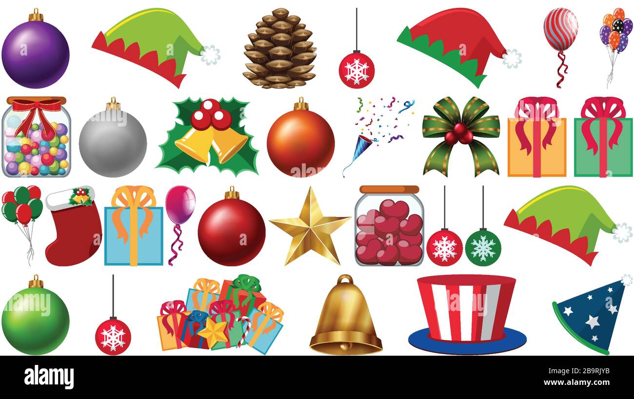 Set of party ornaments and other decorations on white background ...