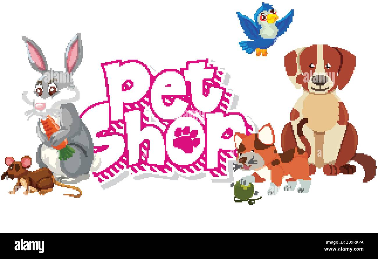 Font design for pet shop with many cute animals illustration Stock ...