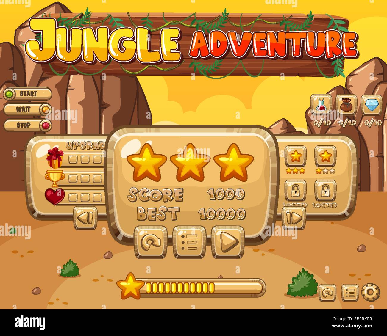 Game template design with jungle adventure theme illustration Stock ...