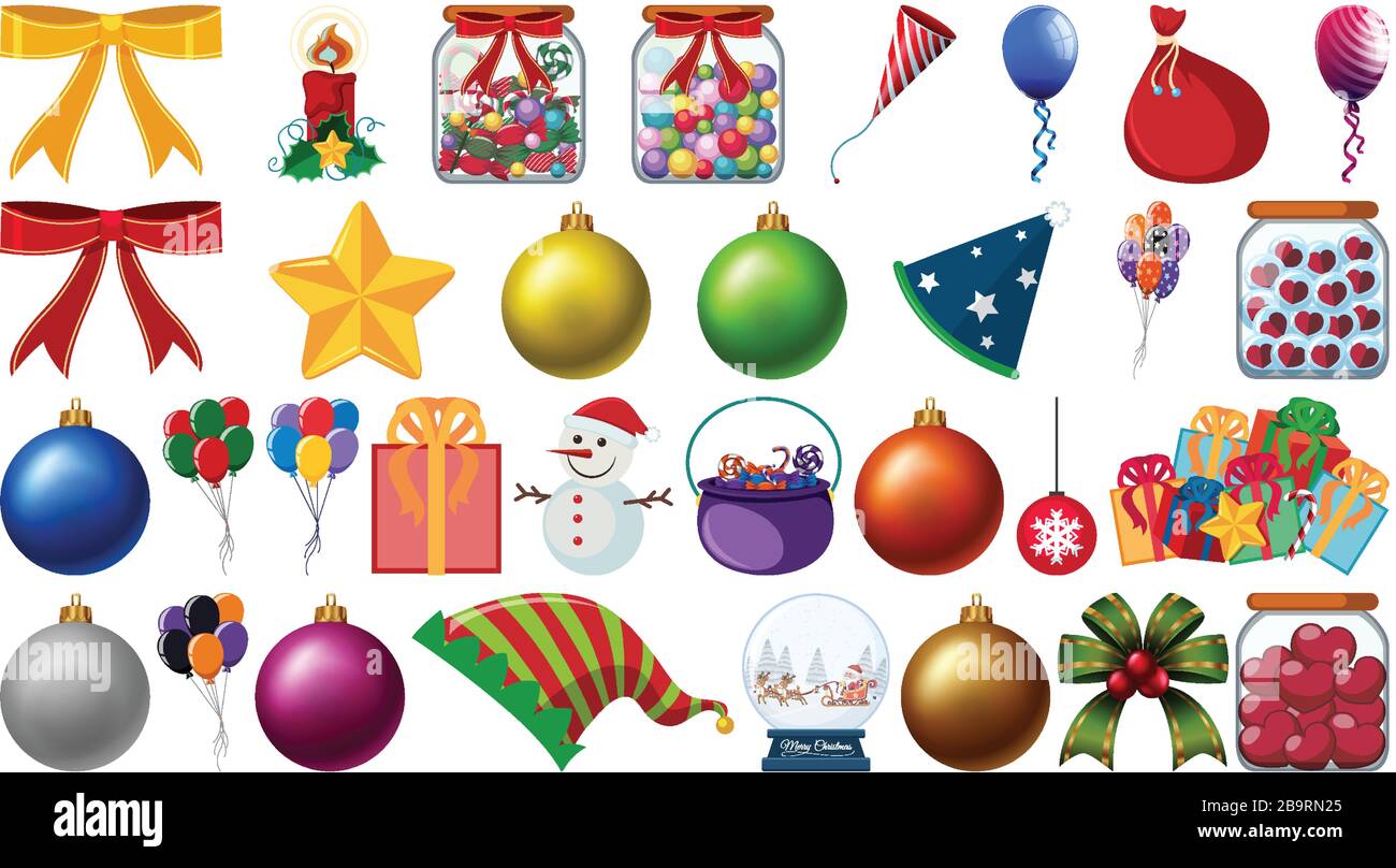 Set of party ornaments and other decorations on white background ...