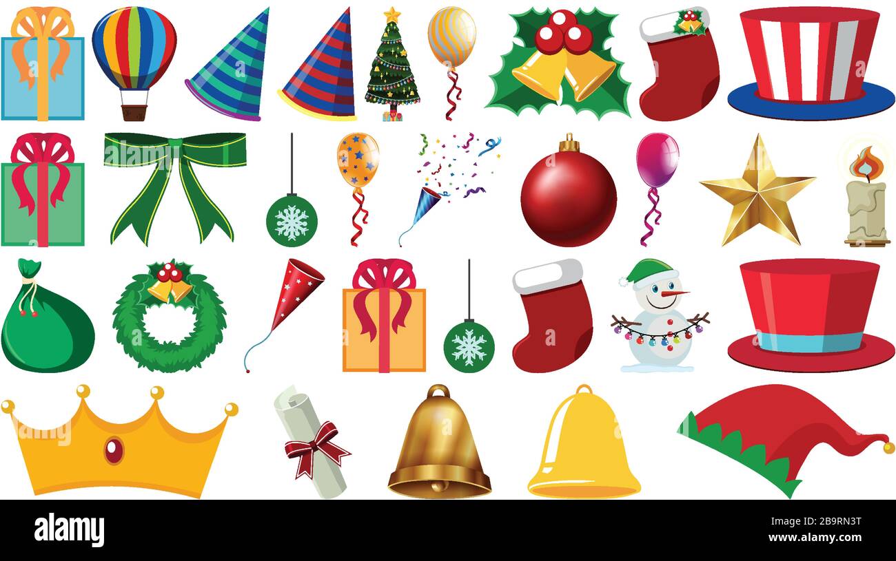 Set of party ornaments and other decorations on white background ...