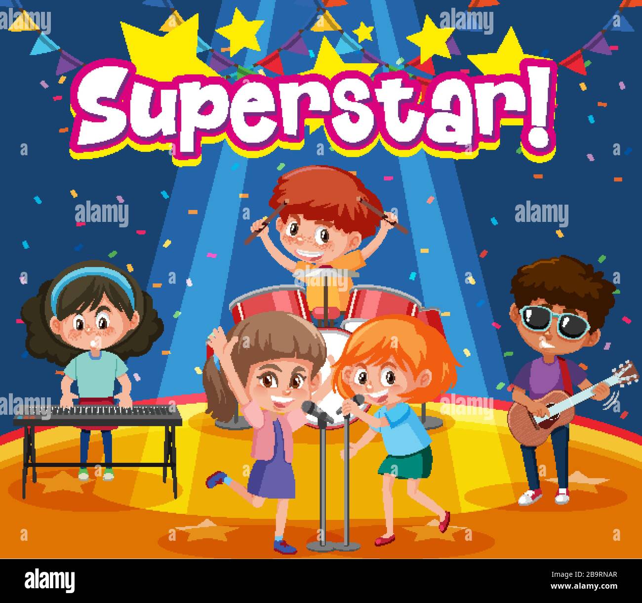 Font design for word superstar with kids on the stage illustration ...