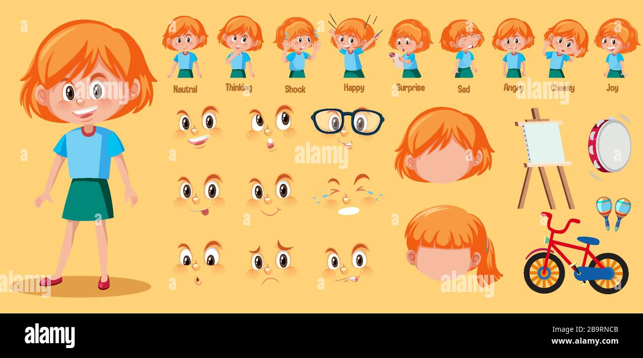 Set of cute girl with different expressions on her face illustration ...