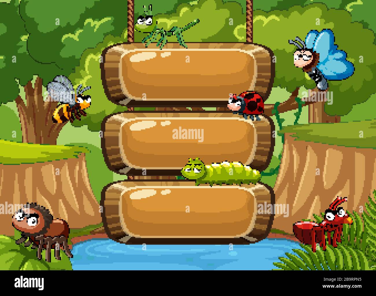 Wooden sign template with many insects in forest background ...