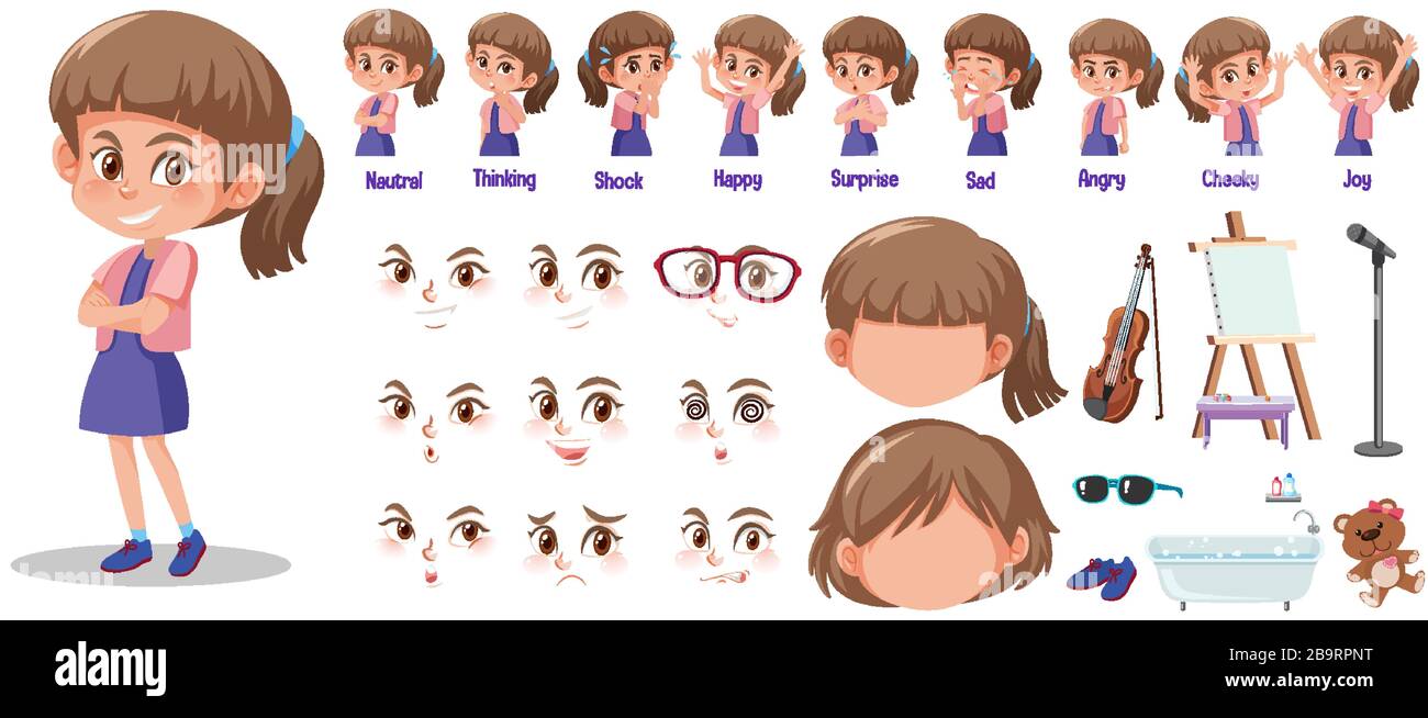 Set of cute girl with different expressions on her face illustration ...