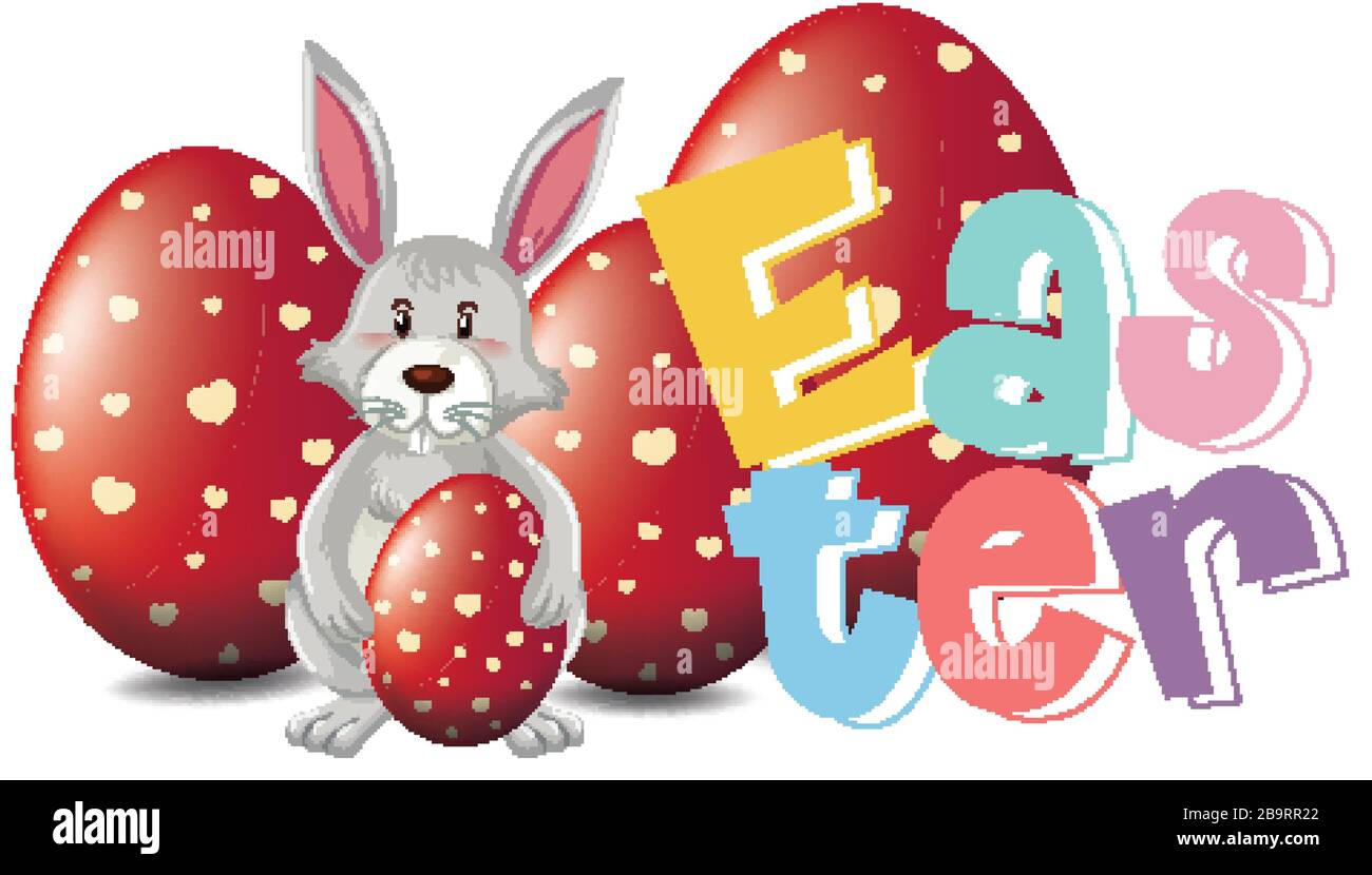 Happy Easter font design with easter bunny and eggs illustration Stock ...