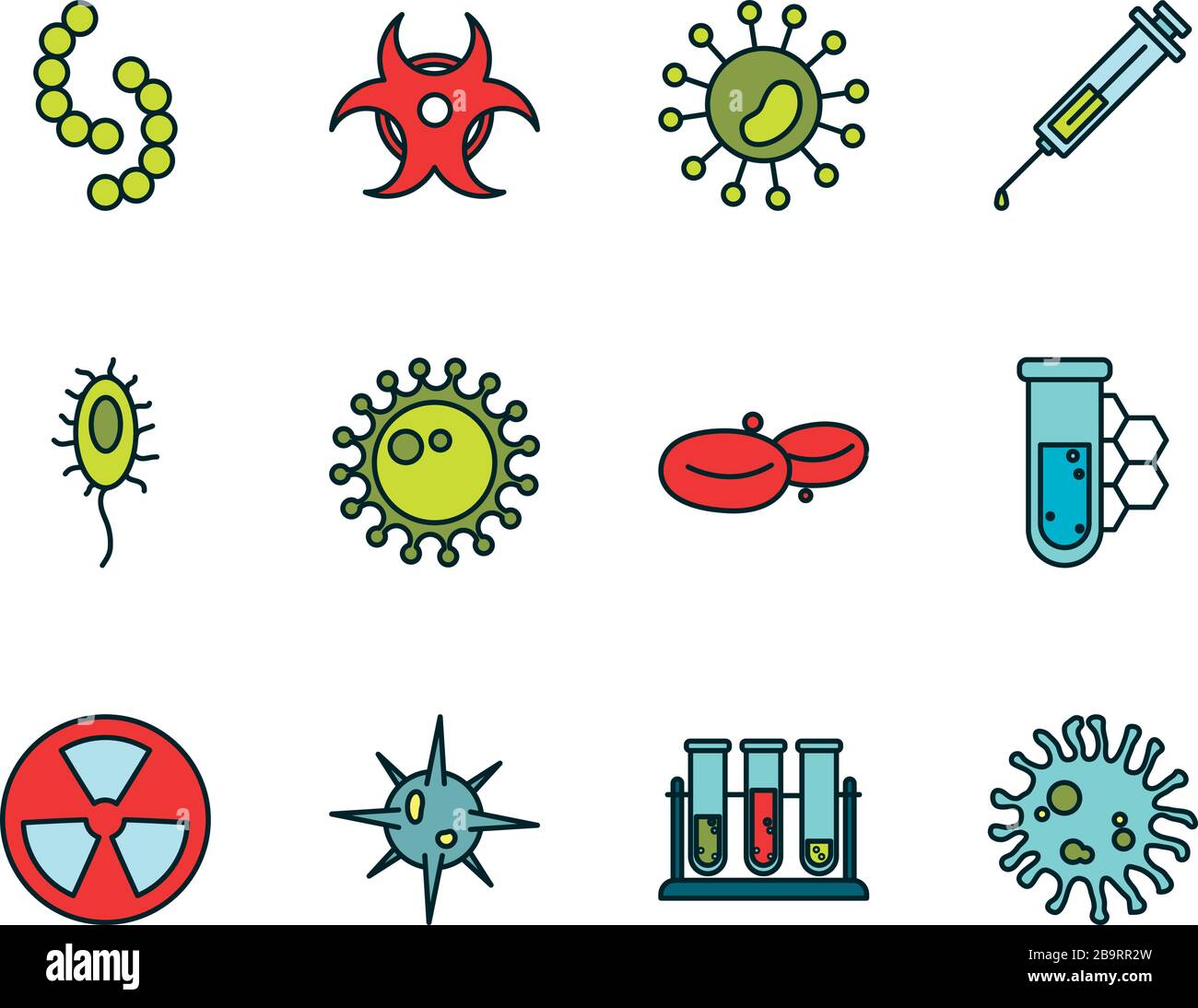 Virus line and fill style icon set design, Bacterium organism molecule ...