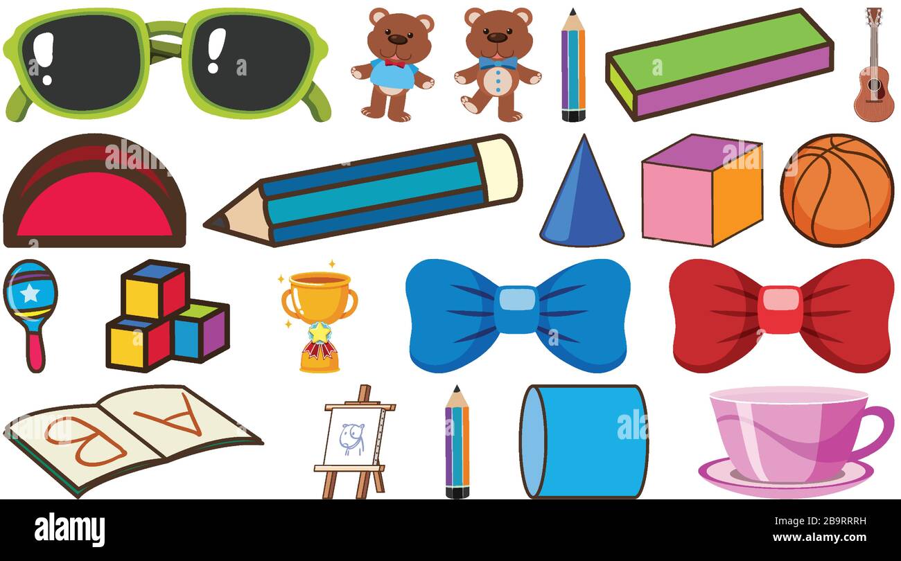 Set of school items and other decorations on white background ...