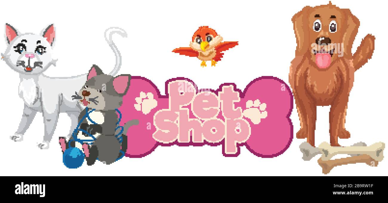 Font design for pet shop with many cute animals illustration Stock ...