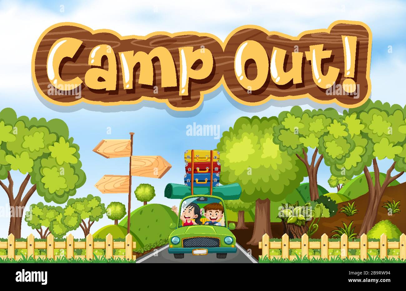 Font design for word camp out with people driving in the park ...