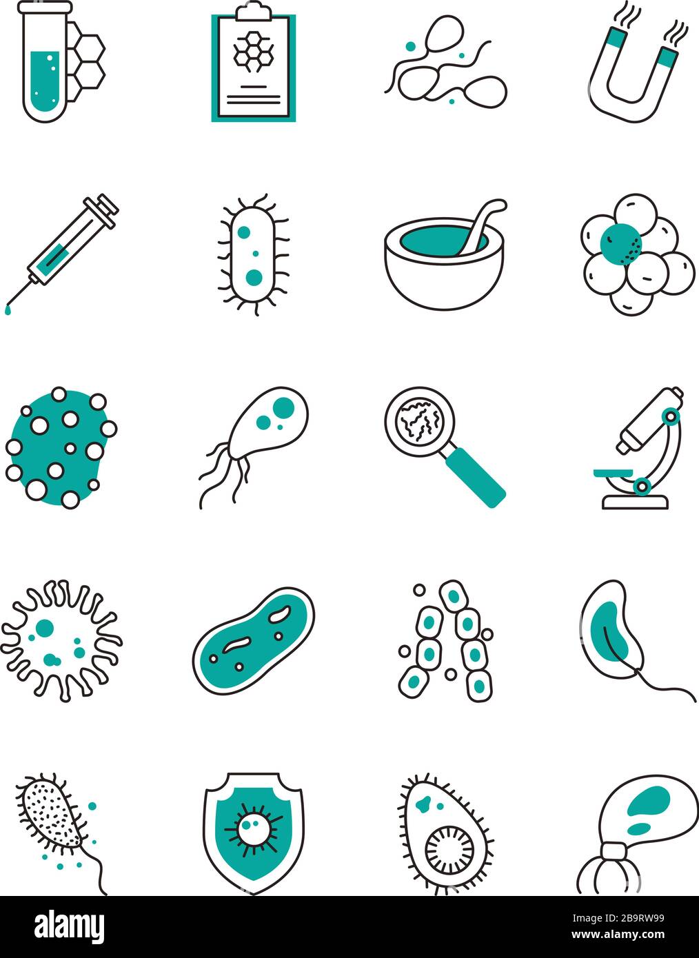 Virus half line half color style icon set design, Bacterium organism ...