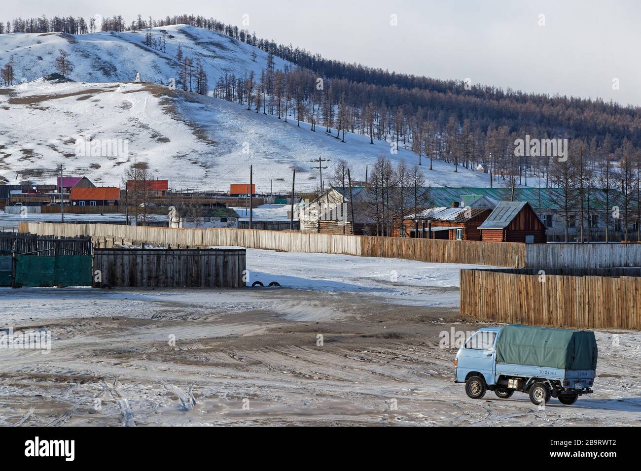 KHATGAL, MONGOLIA, March 1, 2020 : Khatgal streets in winter. The small ...