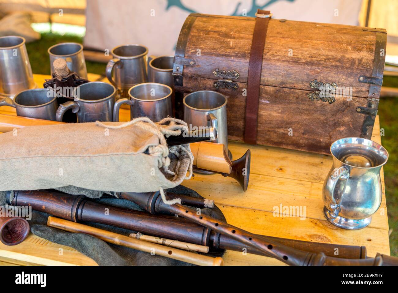 Table full of cups and old musical instruments - Medieval Festival ...