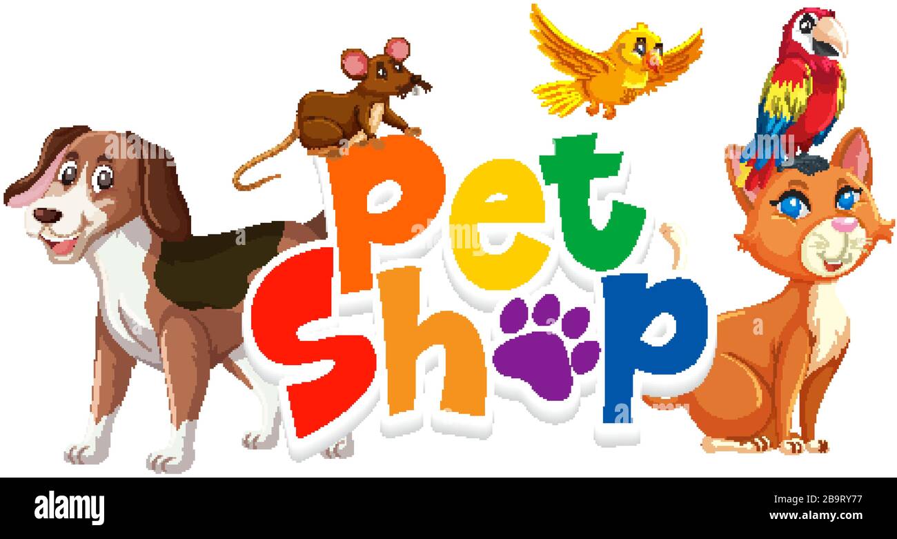 Font design for word pet shop with many animals on white background ...